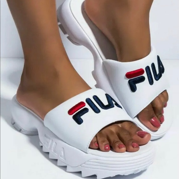 Fila | Shoes | Fila Disruptor Bold Slides Sandals White Red Blue Brand ...